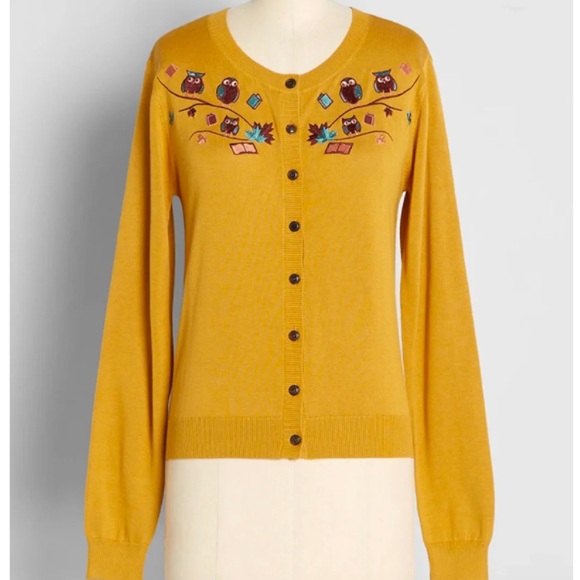 Modcloth | Sweaters | Modcloth Mustard Yellow Embroidered Owl Cardigan ...
